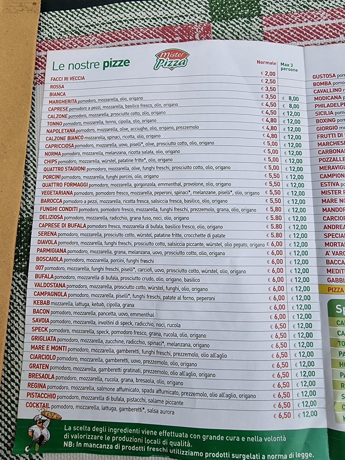Menu da Mister pizza ristorante, Pozzallo