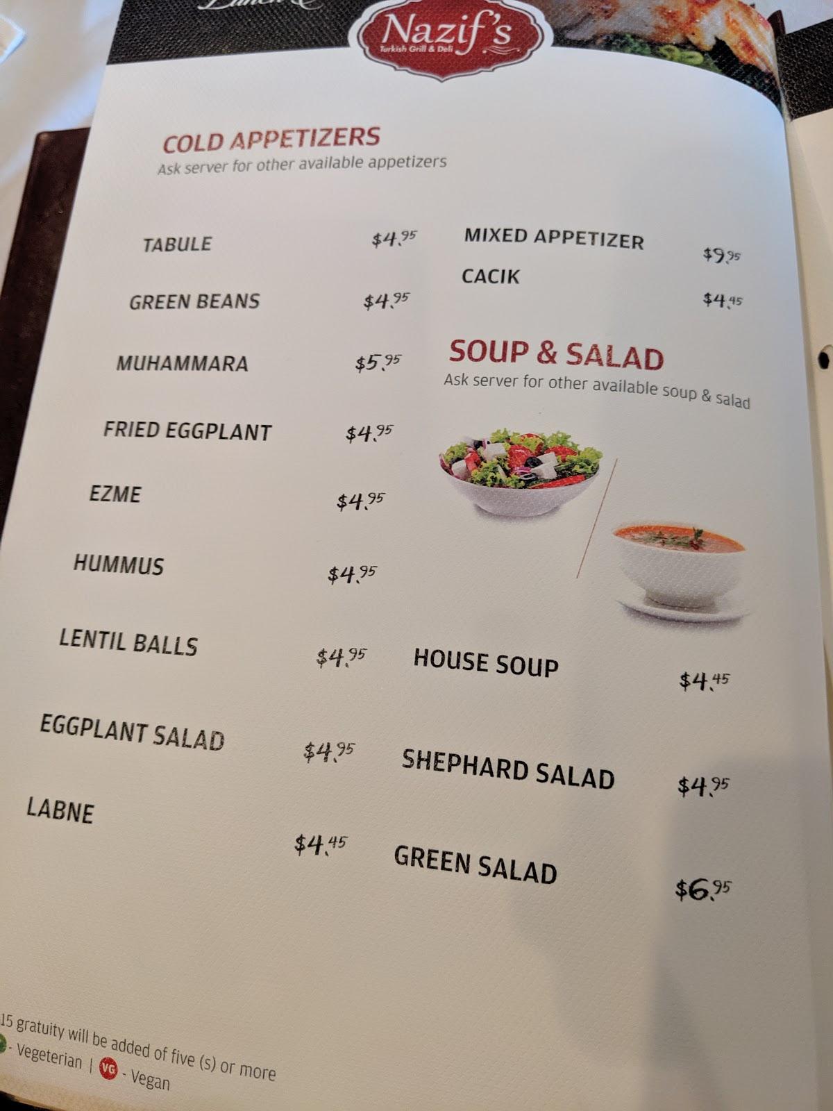 Menu at Nazif’s restaurant, Houston
