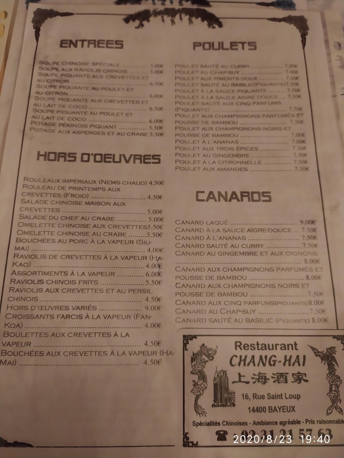 Menu au Chang-Hai restaurant, Bayeux