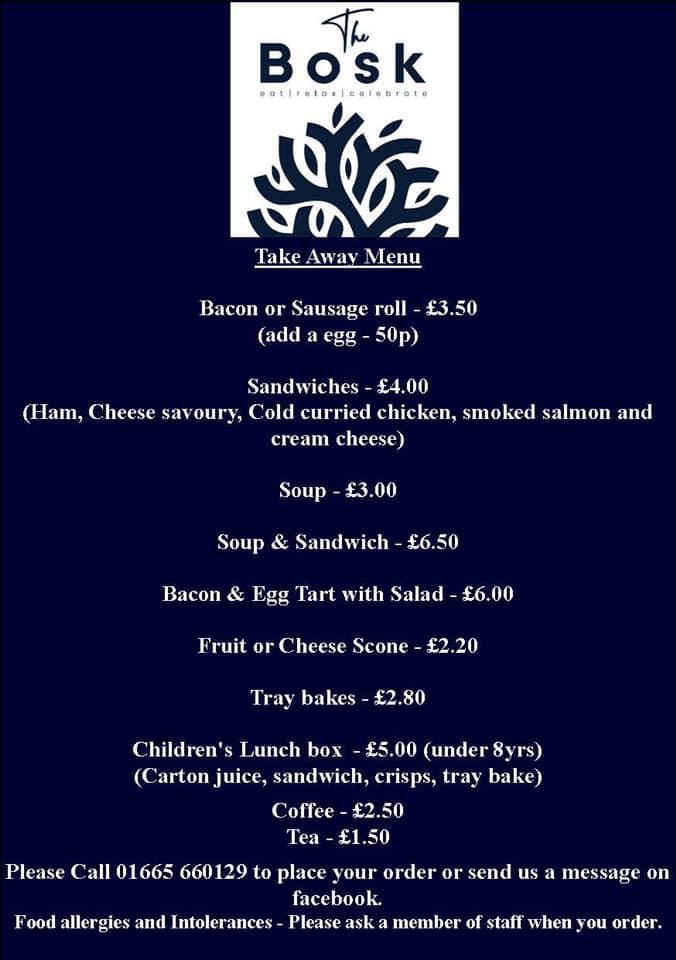 Menu at The Bosk restaurant, Powburn