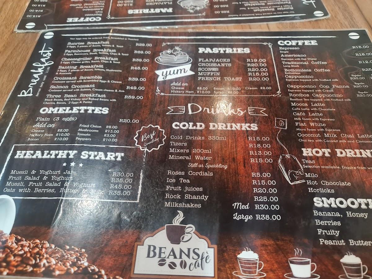 Menu at Three Beans Cafe, Bela-Bela