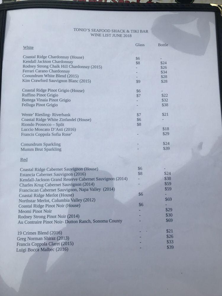 Menu at Tonio's Seafood Shack & Tiki Bar, Summerland Key