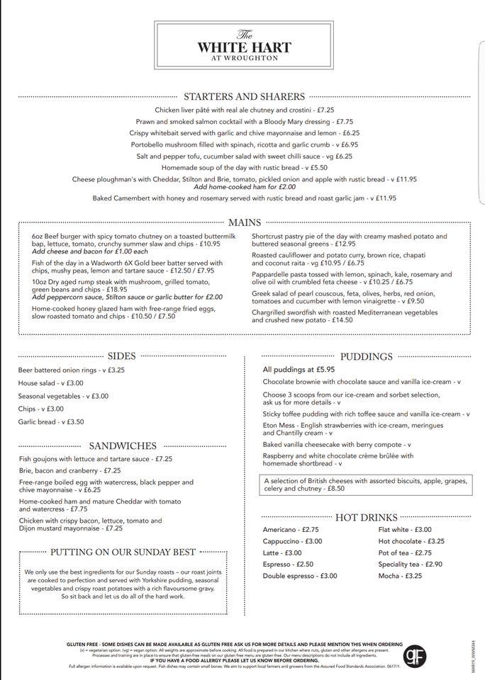 Menu at The White Hart, Wroughton pub & bar, Swindon, High St