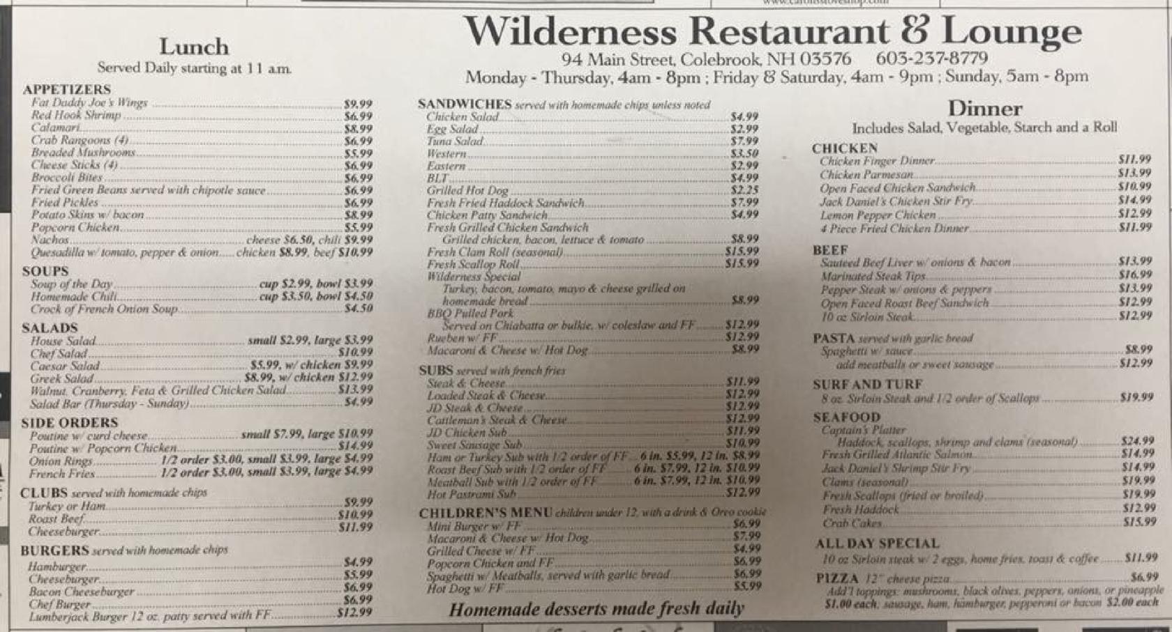 Menu at Wilderness restaurant, Colebrook, 94 S Main St
