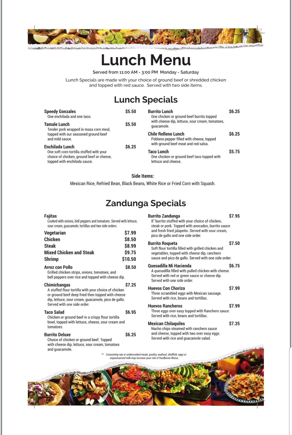 Menu at Zandunga Mexican Restaurant, Oak Ridge