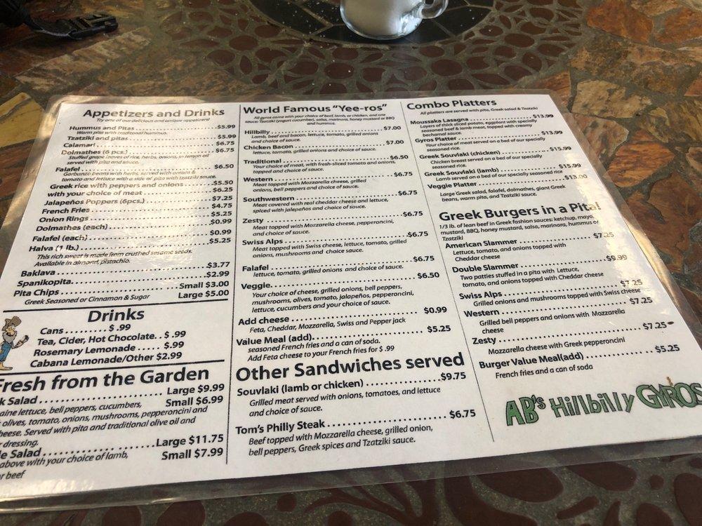 Menu at AB's Hillbilly Gyros restaurant, Oak Harbor
