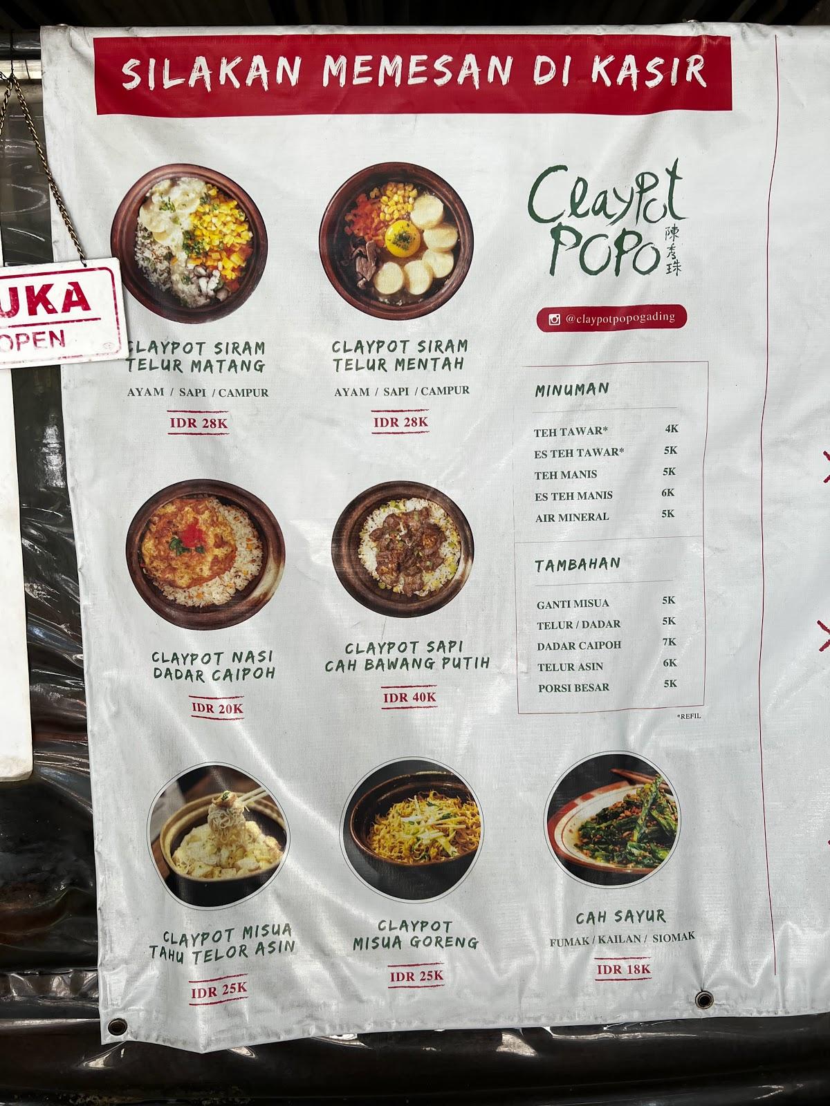 Menu at Claypot Popo Kelapa Gading restaurant, North Jakarta, Jl ...