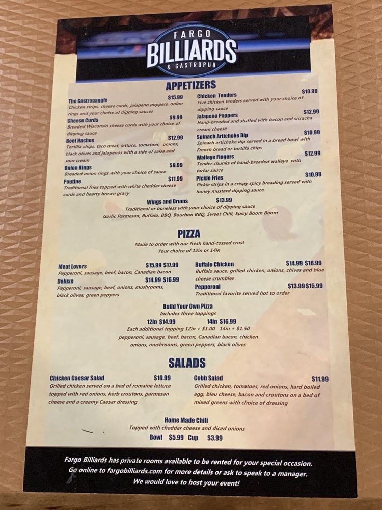 Menu at Fargo Billiards and Gastropub, Fargo
