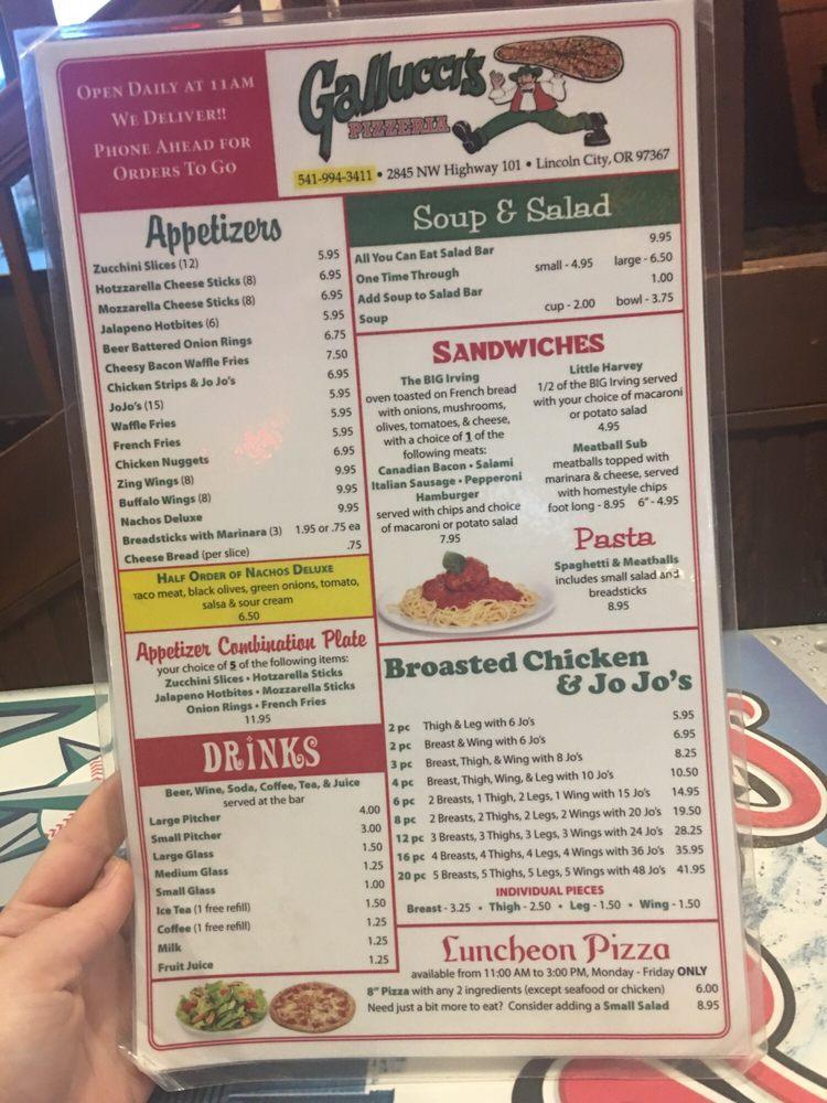 Menu at Gallucci's Pizzeria, Lincoln City, NW U.S. 101