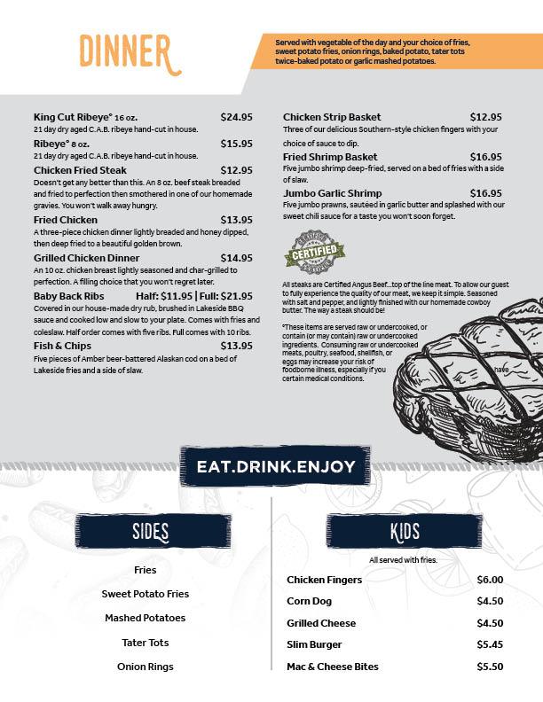 Menu at Lakeside Motel & Resort pub & bar, Trout Creek