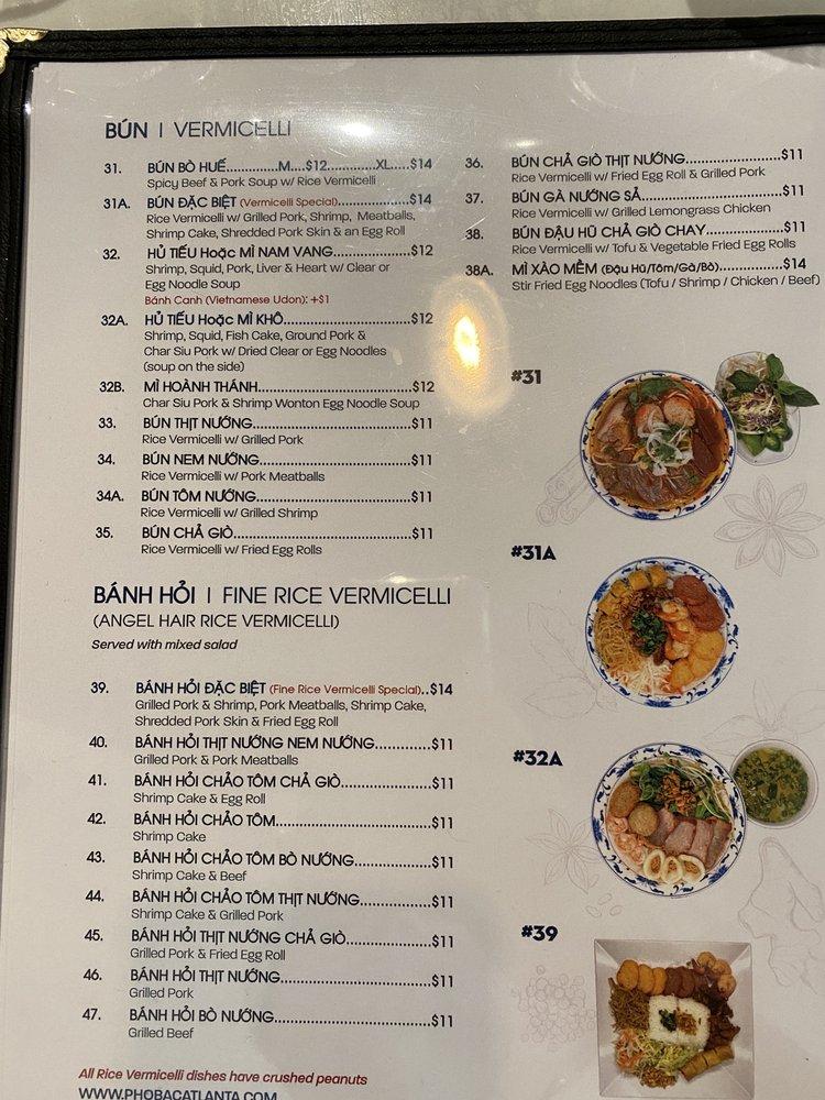 Menu at Pho Bac Vietnamese Restaurant, Duluth