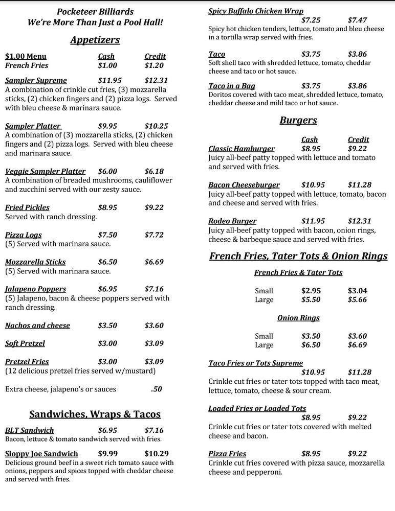 Menu at Pocketeer Billiards pub & bar, Buffalo