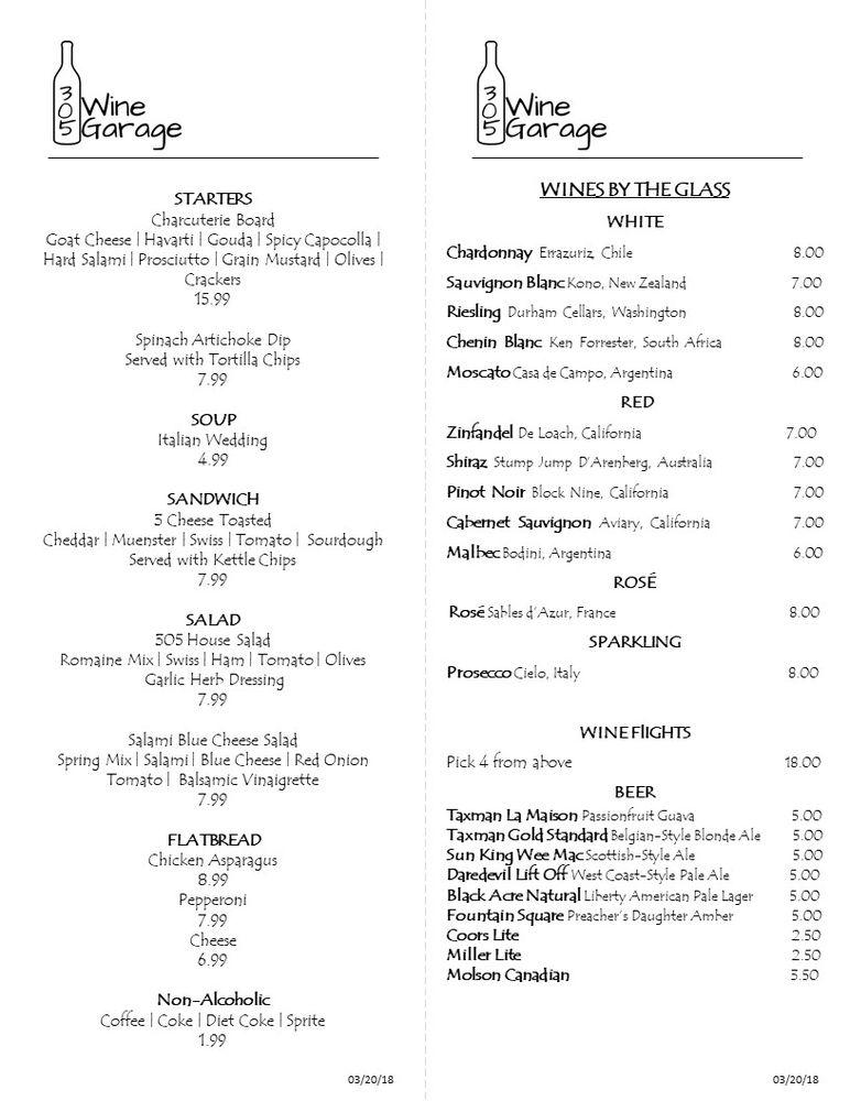 Menu at AJ's Wine & Dine Garage aka305 Wine Garage Inc pub & bar, Fortville