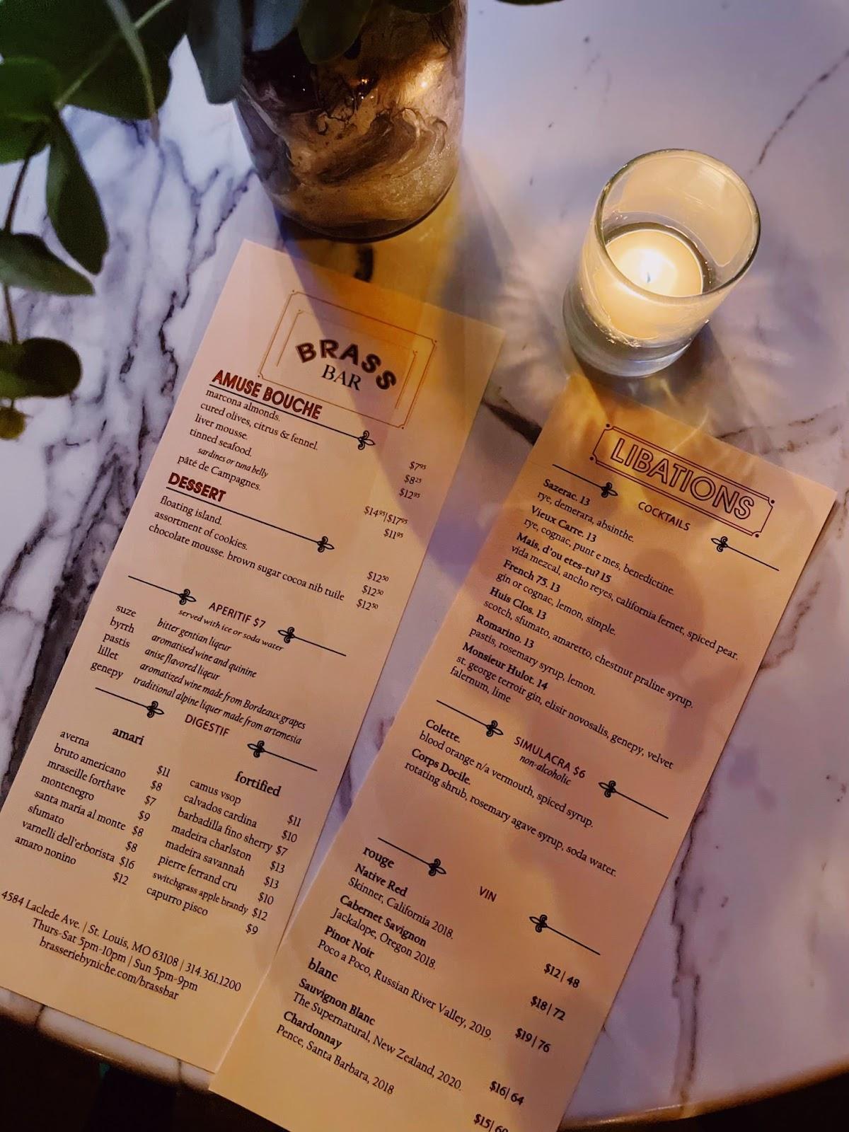 Menu at Brass Bar, St. Louis