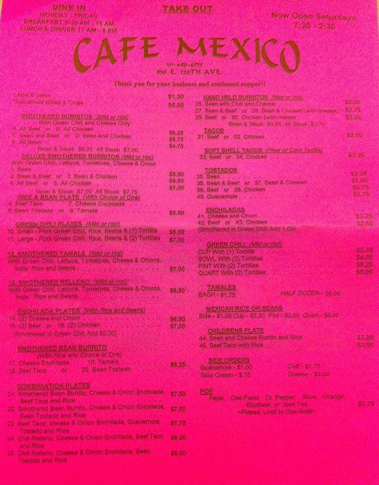 Menu at Cafe Mexico, Northglenn, 810 E 120th Ave