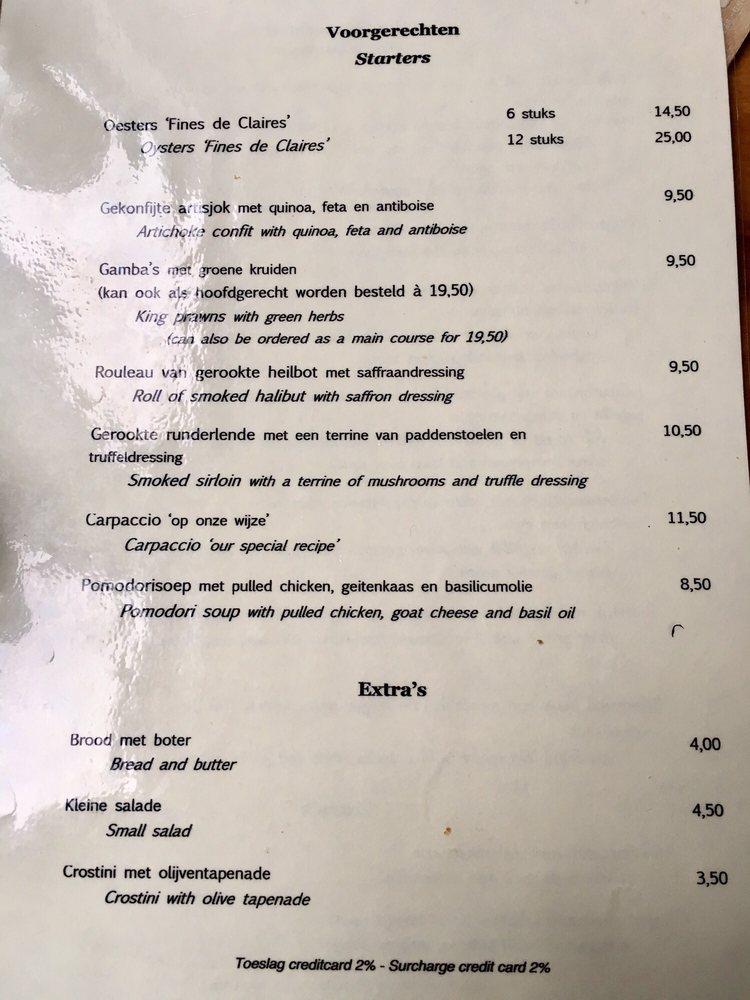 Menu at Café Restaurant De Reiger, Amsterdam