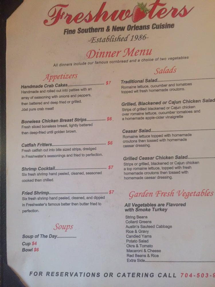 Menu at Freshwaters Southern New Orleans restaurant, Charlotte