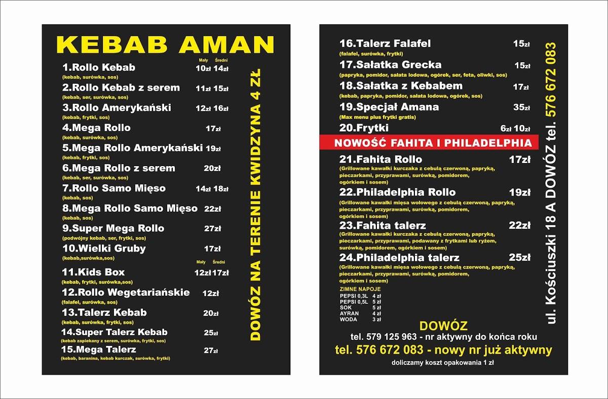 Menu at KEBAB AMAN restaurant, Kwidzyn