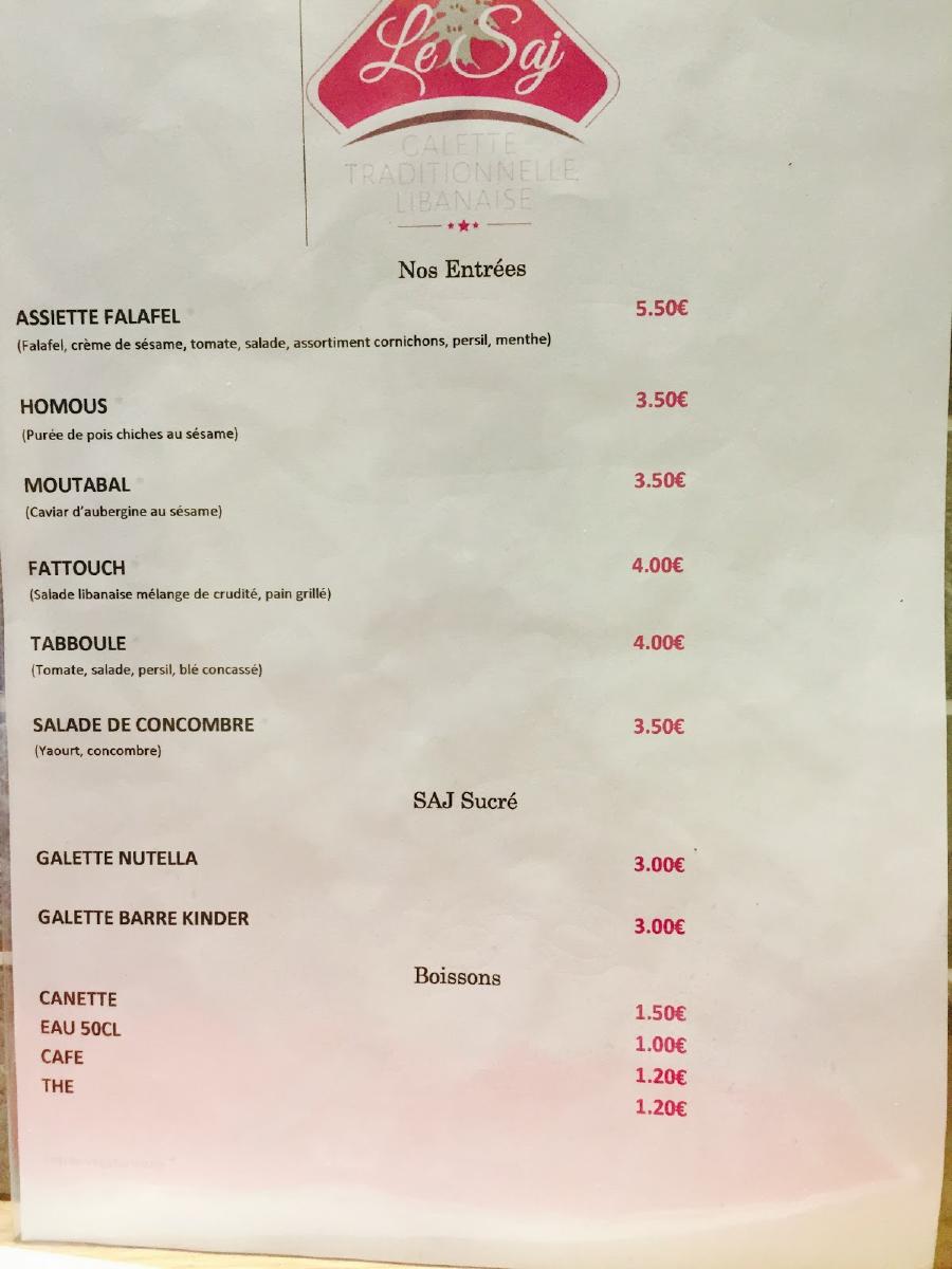 Menu au Le Saj restaurant, Lodève