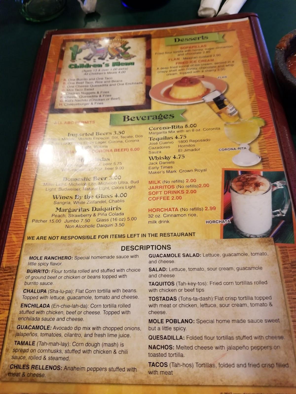 Menu at Los Cocos restaurant, South Hill