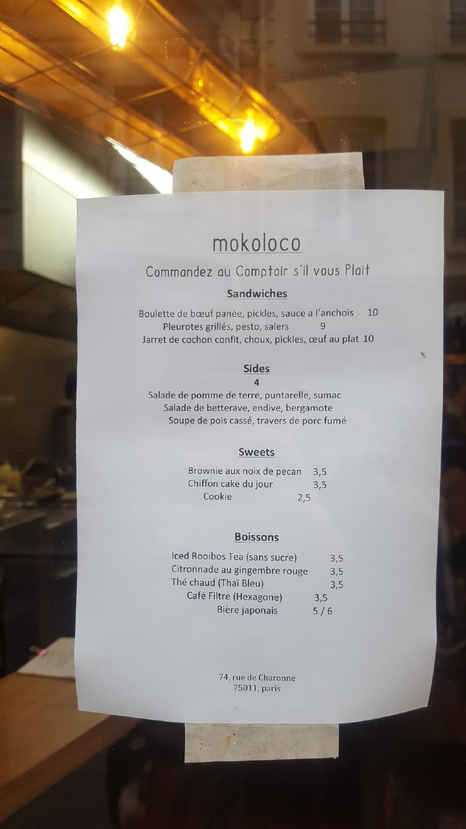 Menu at Mokoloco restaurant, Paris