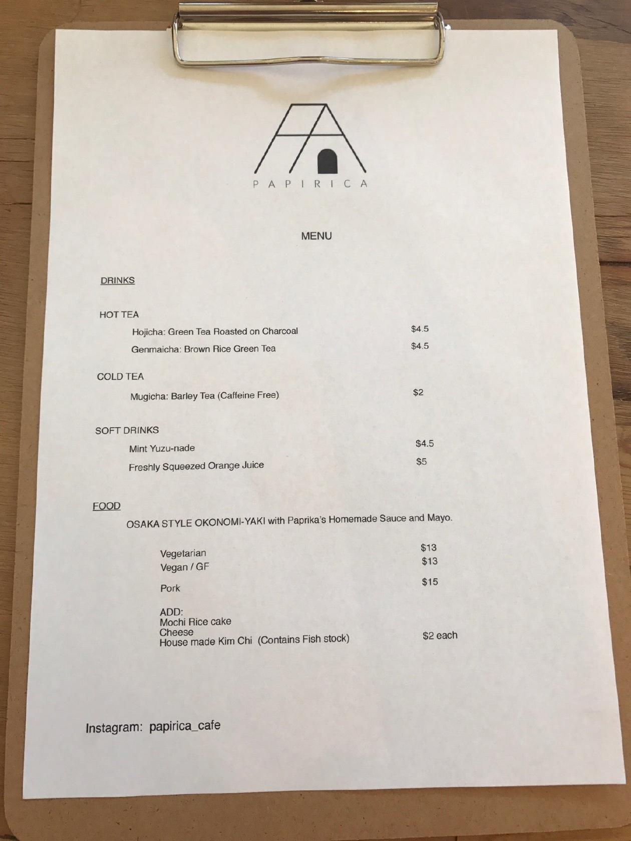 Menu at Papirica restaurant, Melbourne