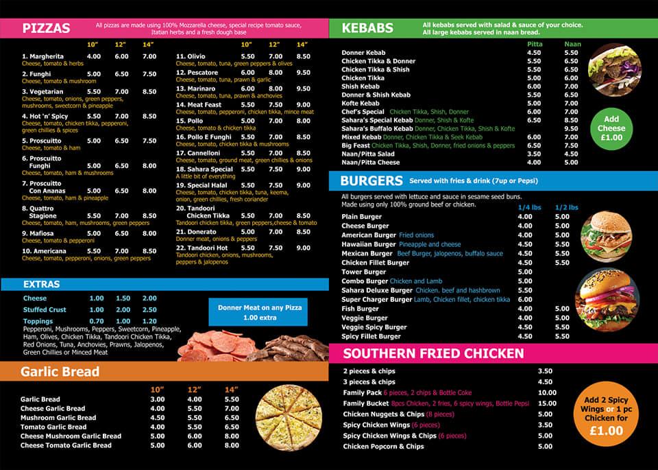 Menu at Sahara Takeaway pizzeria, Southport