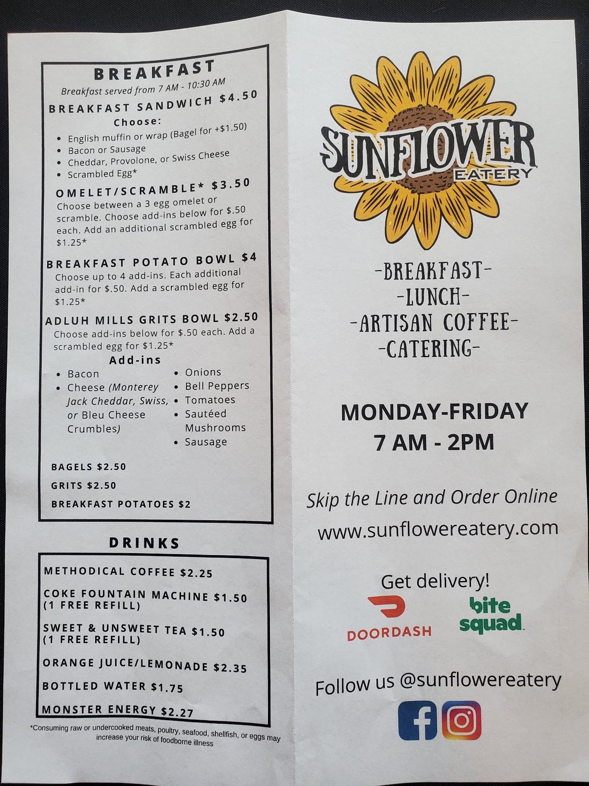 Menu at Sunflower Eatery- Roper Mountain restaurant, Greenville