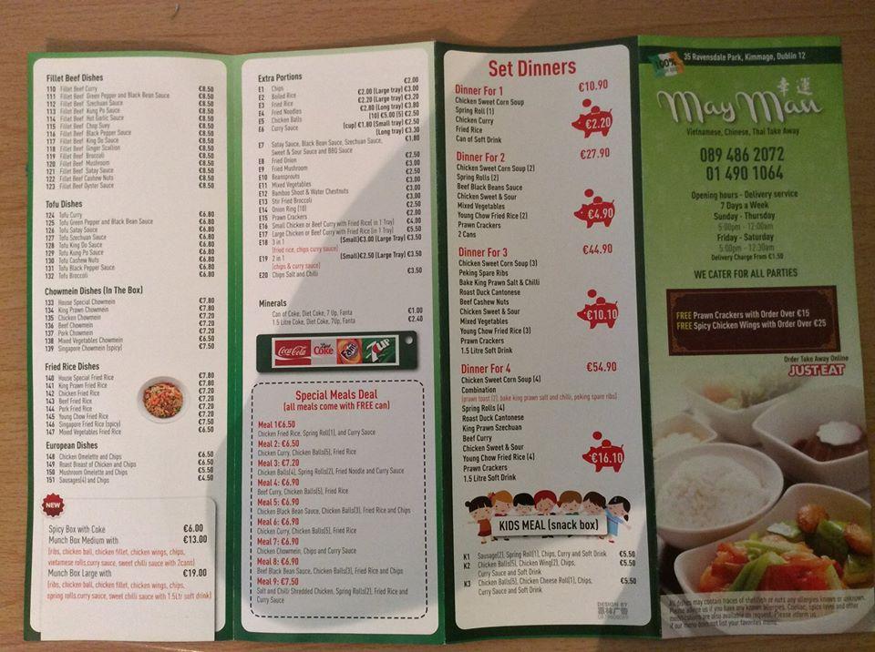 Menu at May Man Chinese/Viet/Thai Takeaway restaurant, Dublin