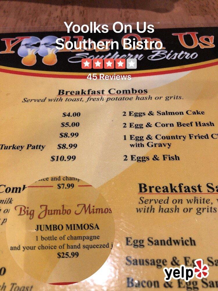 Menu at Yoolks On Us restaurant, Portsmouth, 515 Washington St