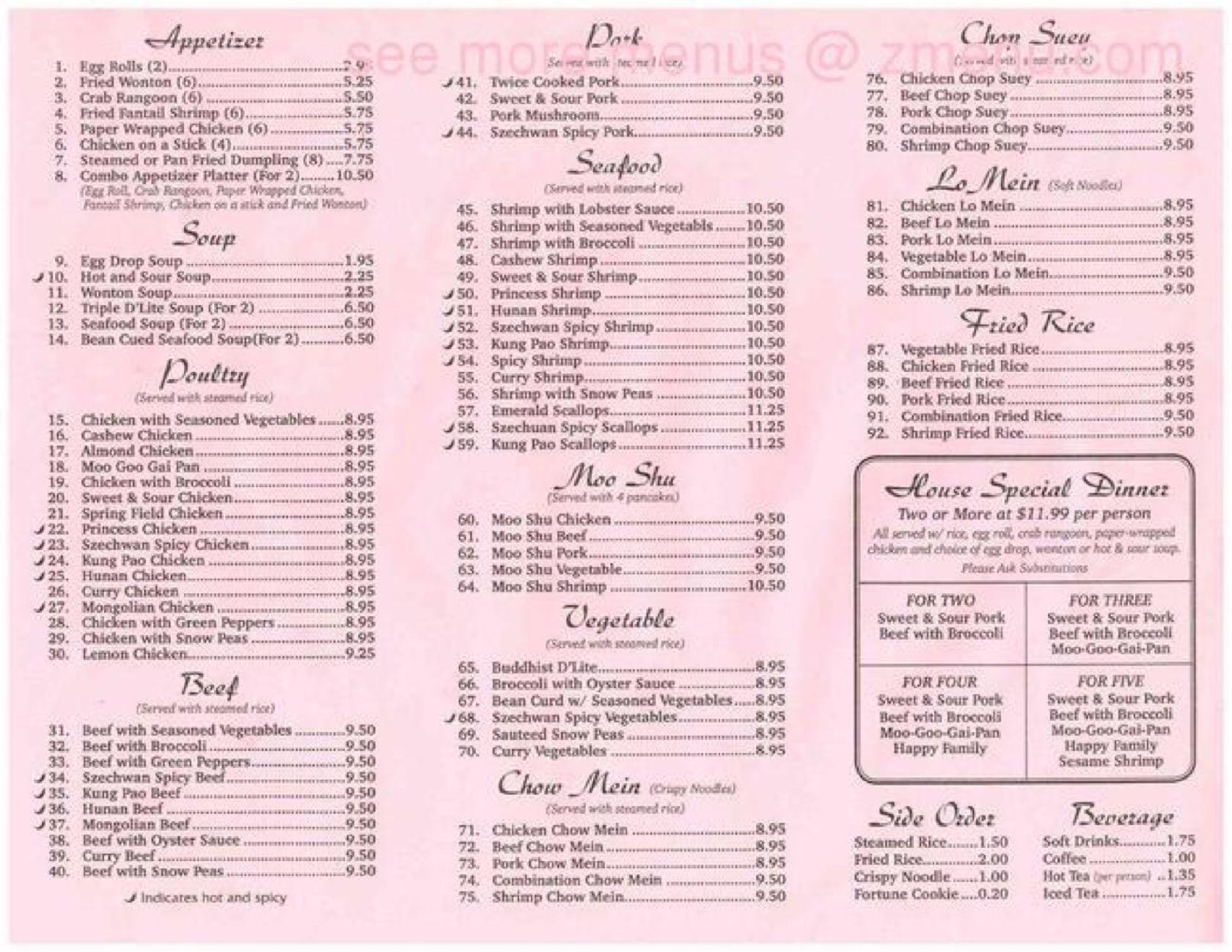 Menu at Chuong Garden restaurant, Webster City