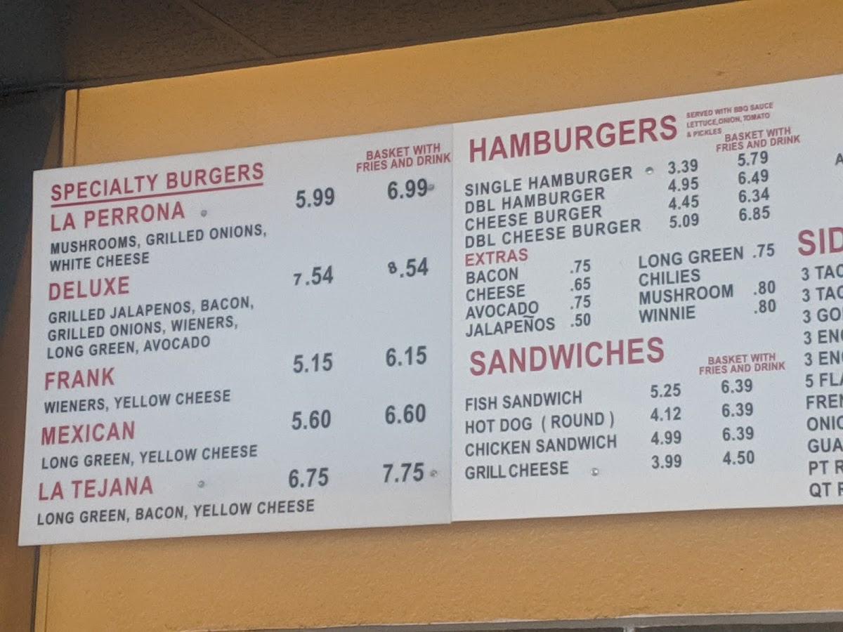 Menu at Happy Burger restaurant, El Paso