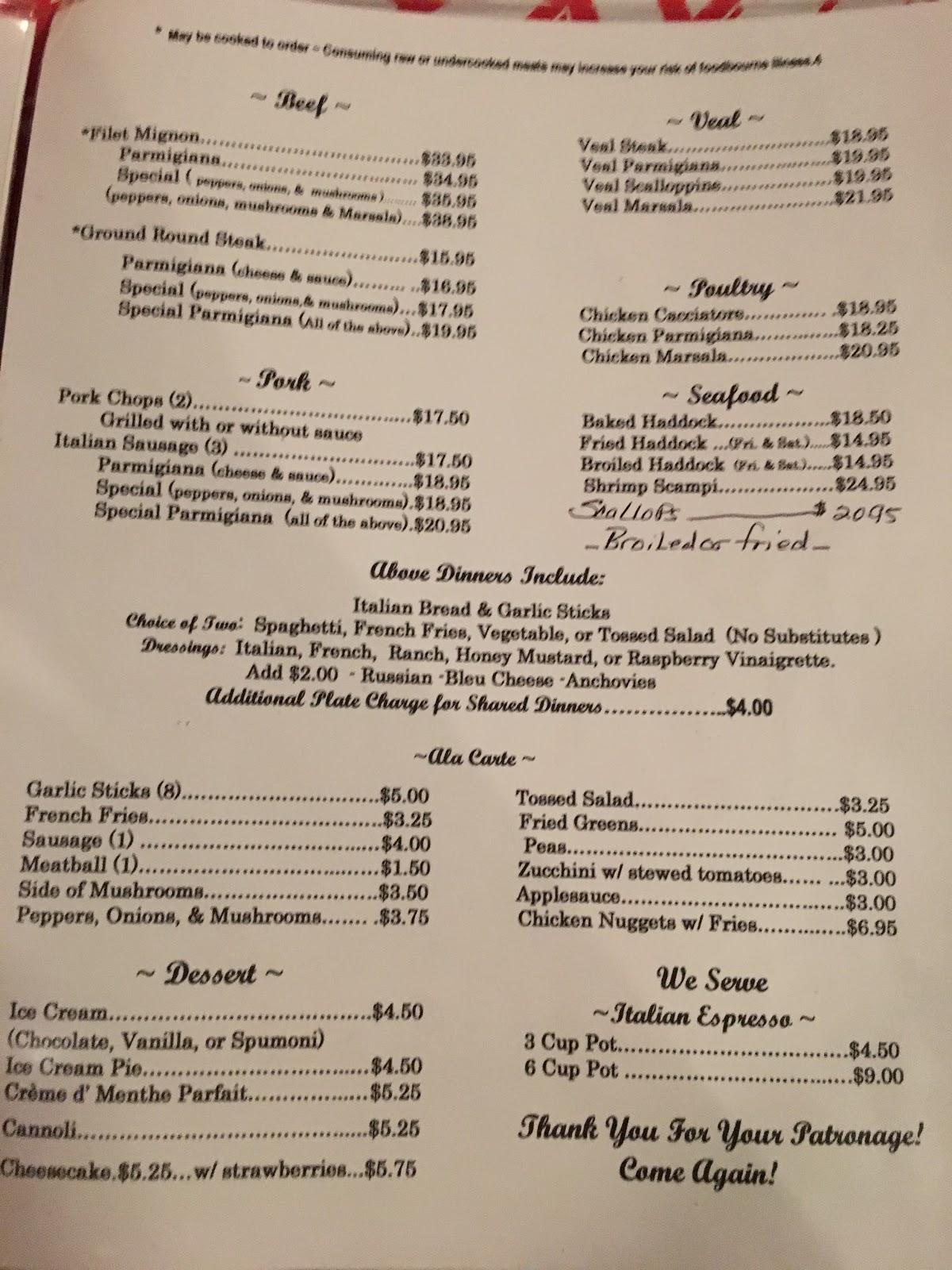 Menu at Mangialardo's restaurant, Sayre