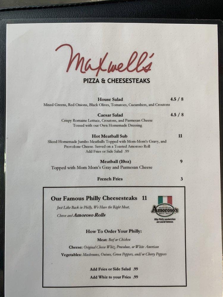 Menu at Maxwell's Pizza and Cheesesteaks pizzeria, South Jordan