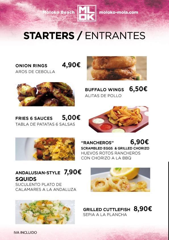 Menu at Moloko Beach Benidorm pub & bar, Benidorm