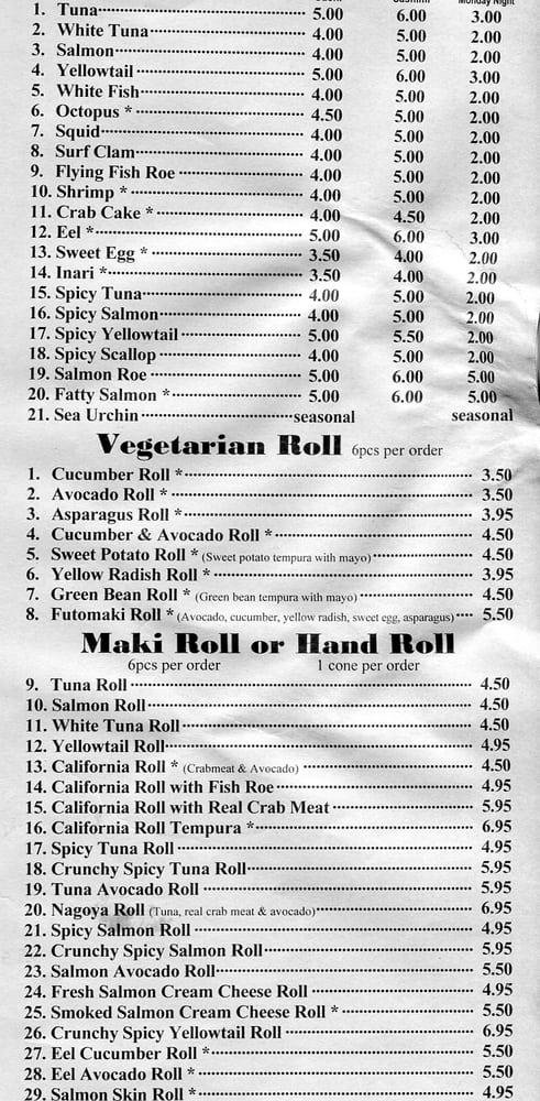 Menu at Nagoya Sushi restaurant, Rockville