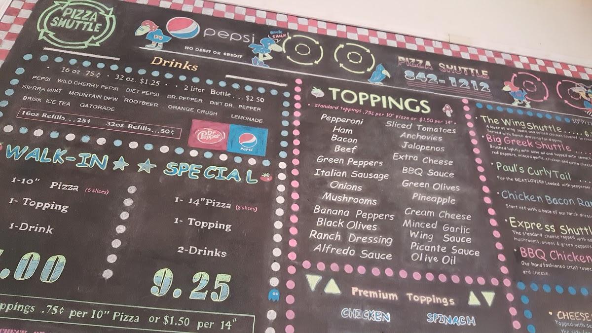 Menu at Pizza Shuttle pizzeria, Lawrence, 711 W 23rd St #19