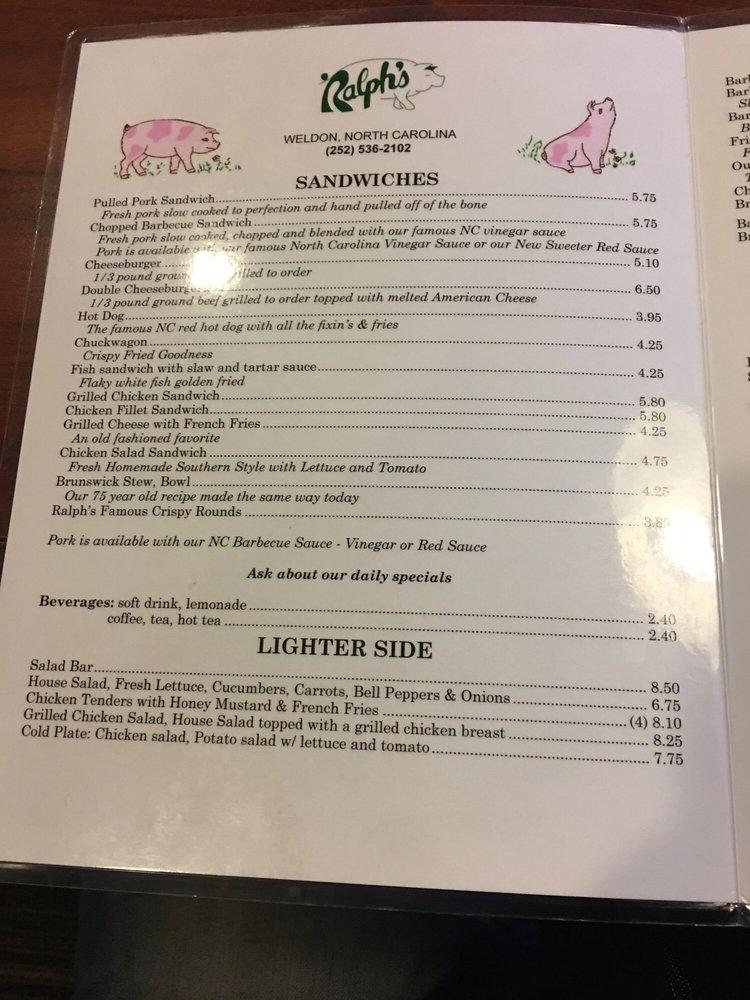 Menu at Ralph's Barbecue, Weldon