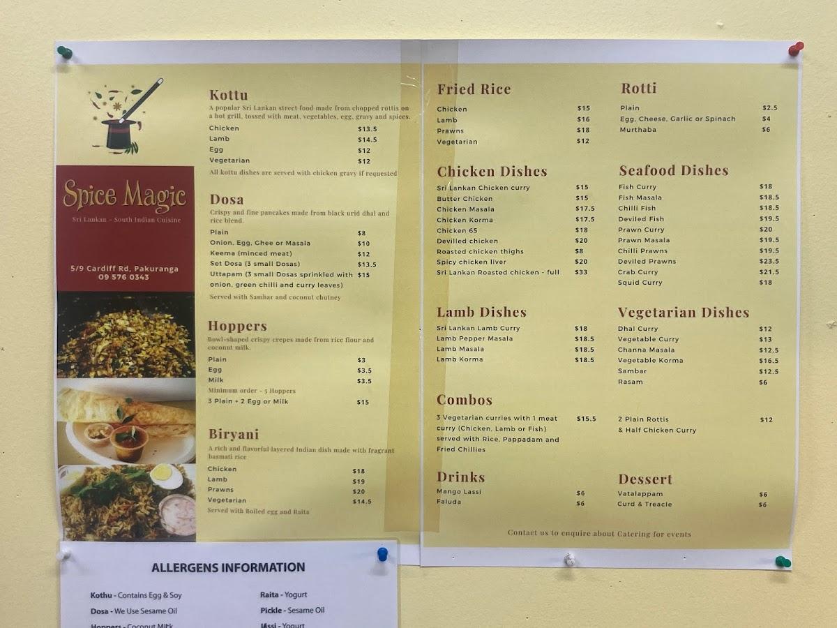 Menu at Spice Magic restaurant, Auckland