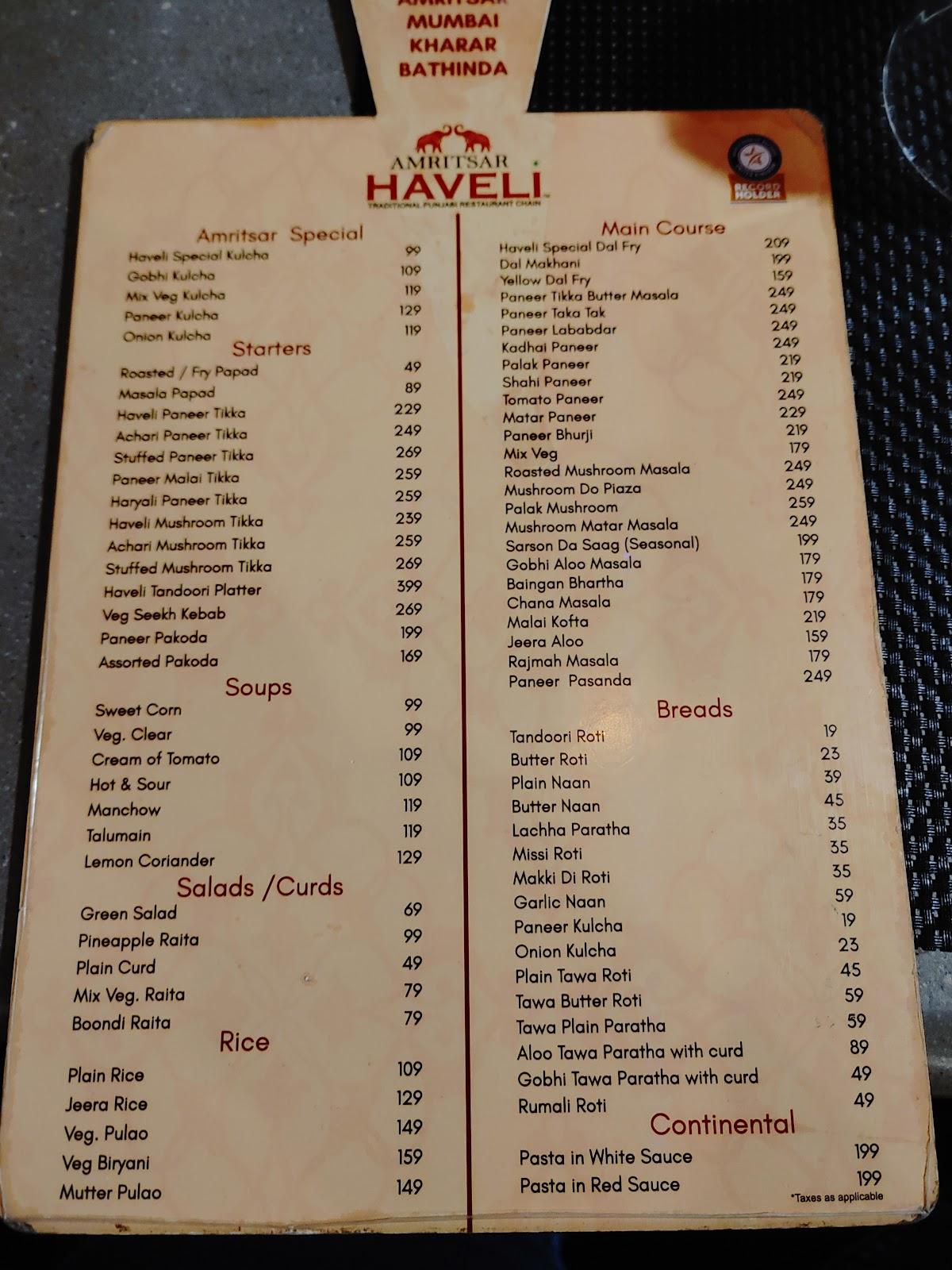 Menu at Amritsar Haveli, Bathinda