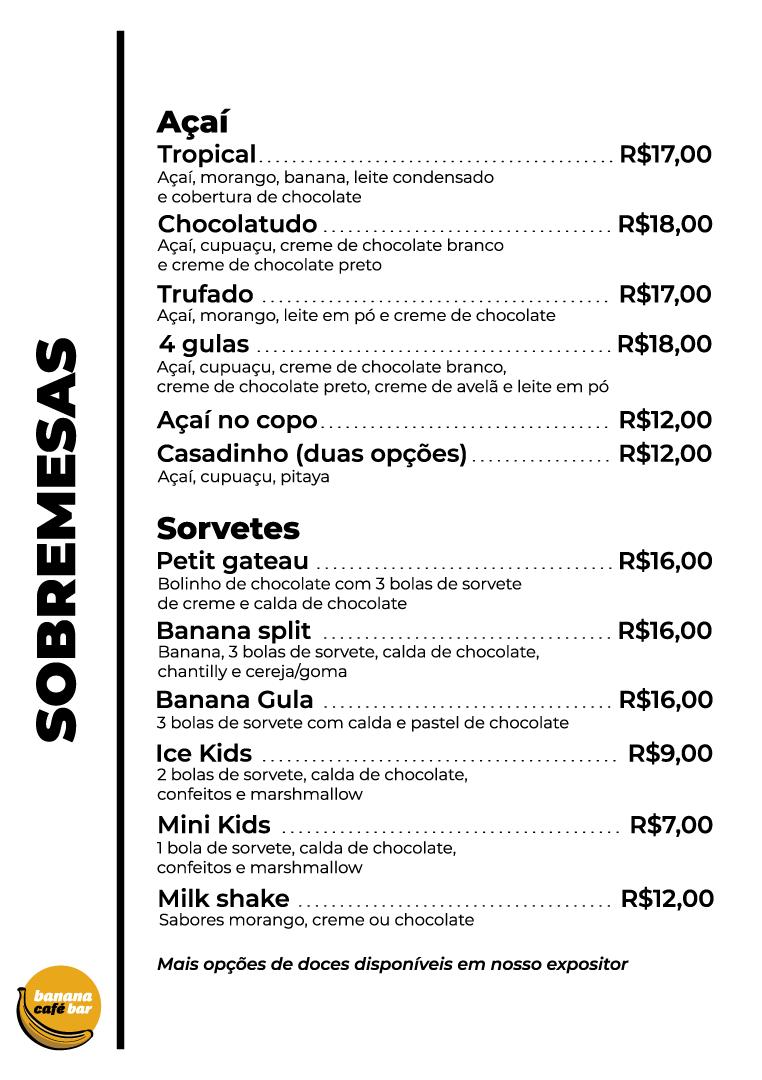 Menu em Banana Café Bar, Três de Maio