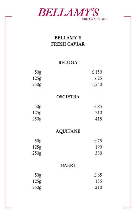 Menu at Bellamy's restaurant, London, 18 Bruton Pl