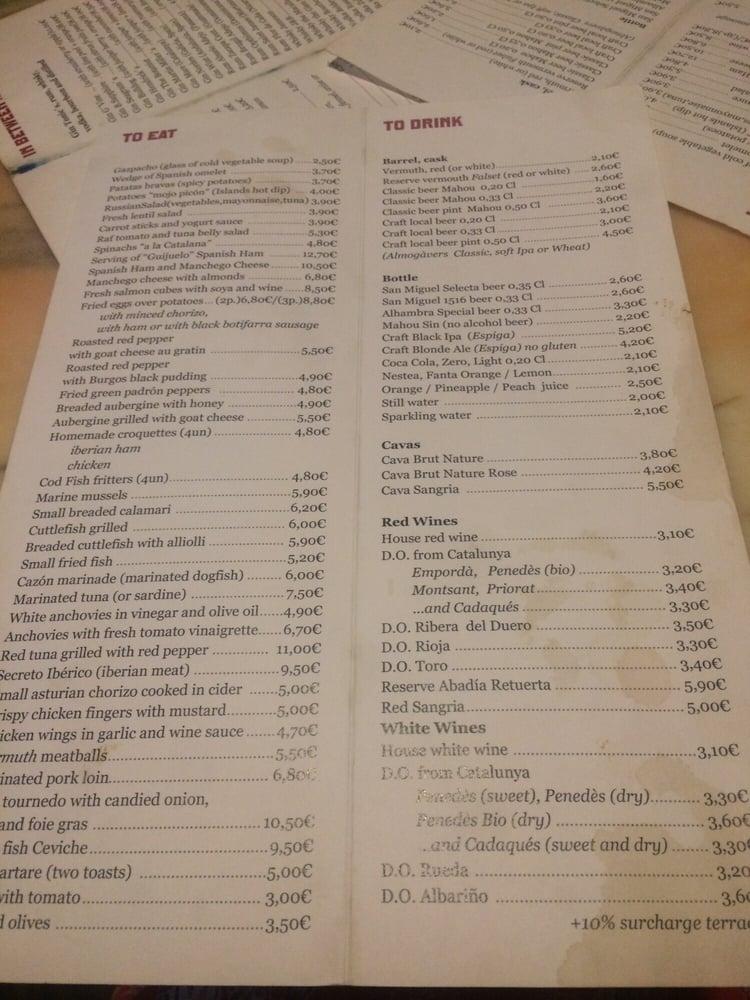Carta del pub y bar Bormuth, Barcelona