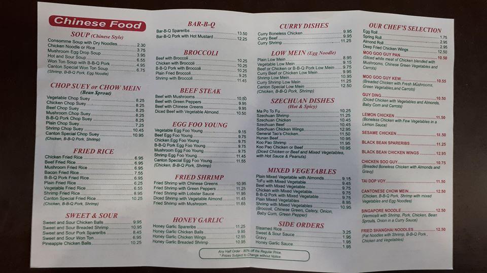 Menu at Canton Express restaurant, North Bay
