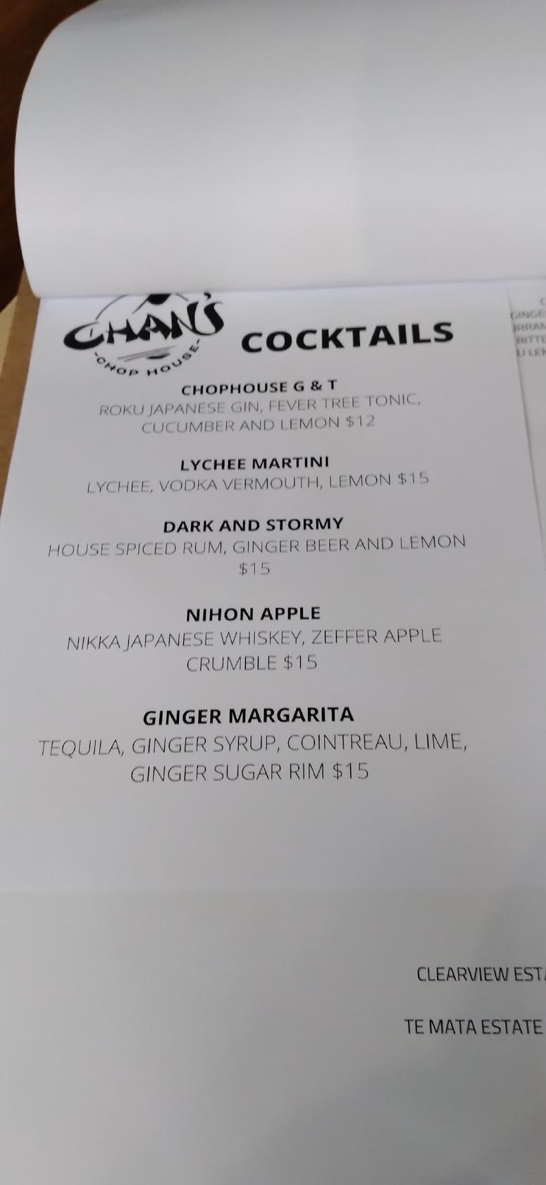 Menu at Chans Chop House restaurant, Havelock North