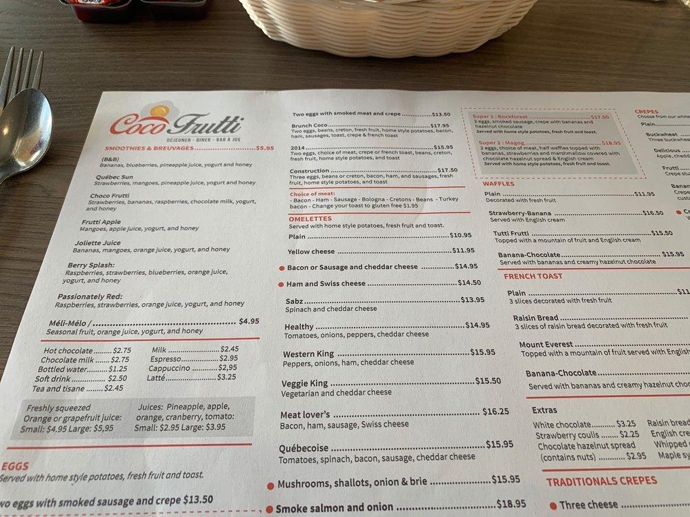 Menu at Coco Frutti Lasalle restaurant, Montréal, Newman Blvd