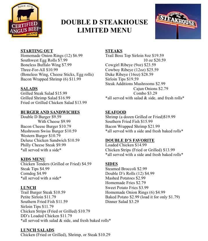 Menu at Double D Steak House steakhouse, DeRidder