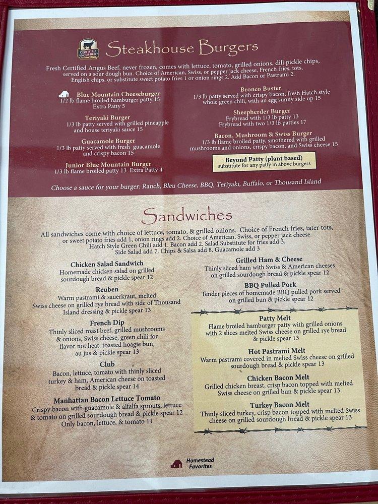Menu at Homestead Steak House steakhouse, Blanding