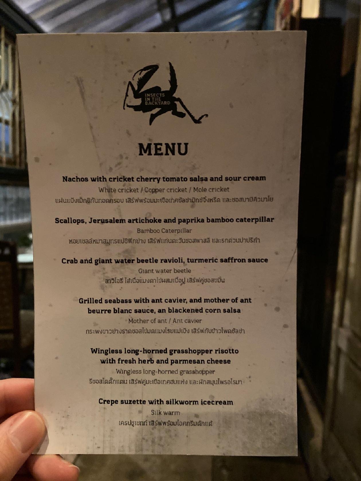Menu at Insects in the Backyard restaurant, Bangkok, 460/8 Sirindhorn Rd