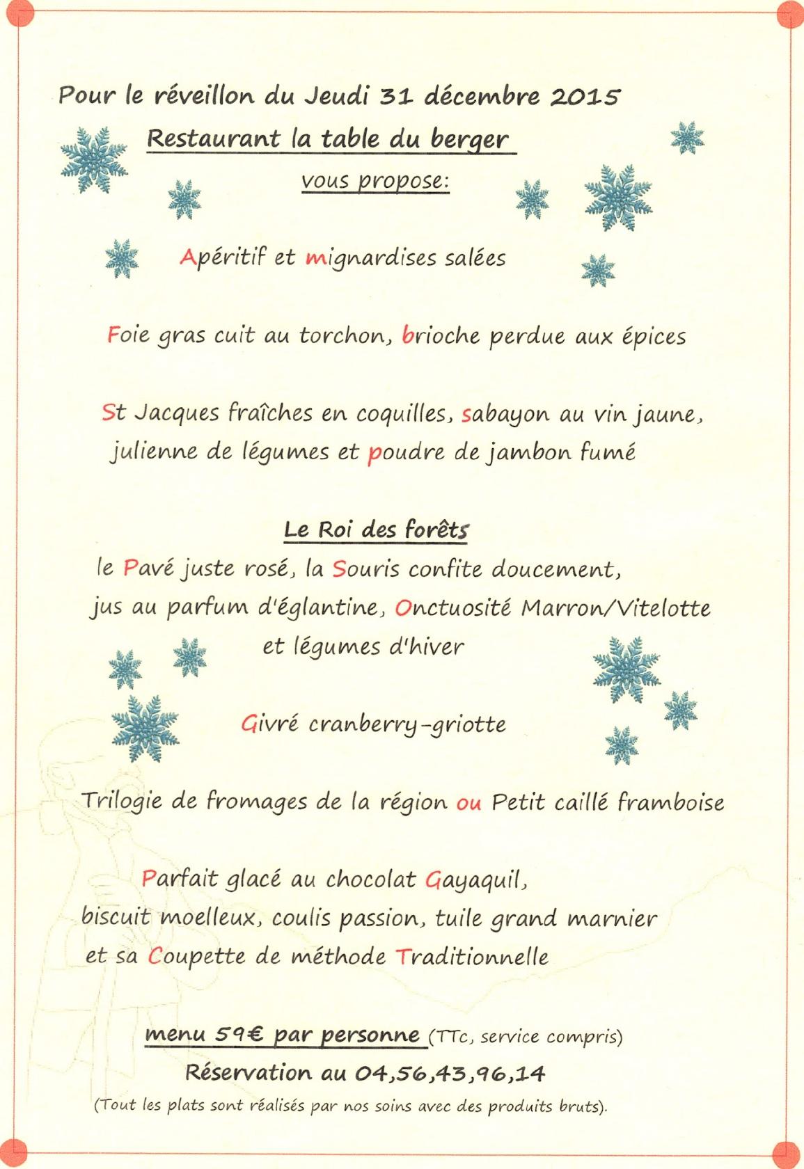 Menu au La Table Du Berger restaurant, Beaufort